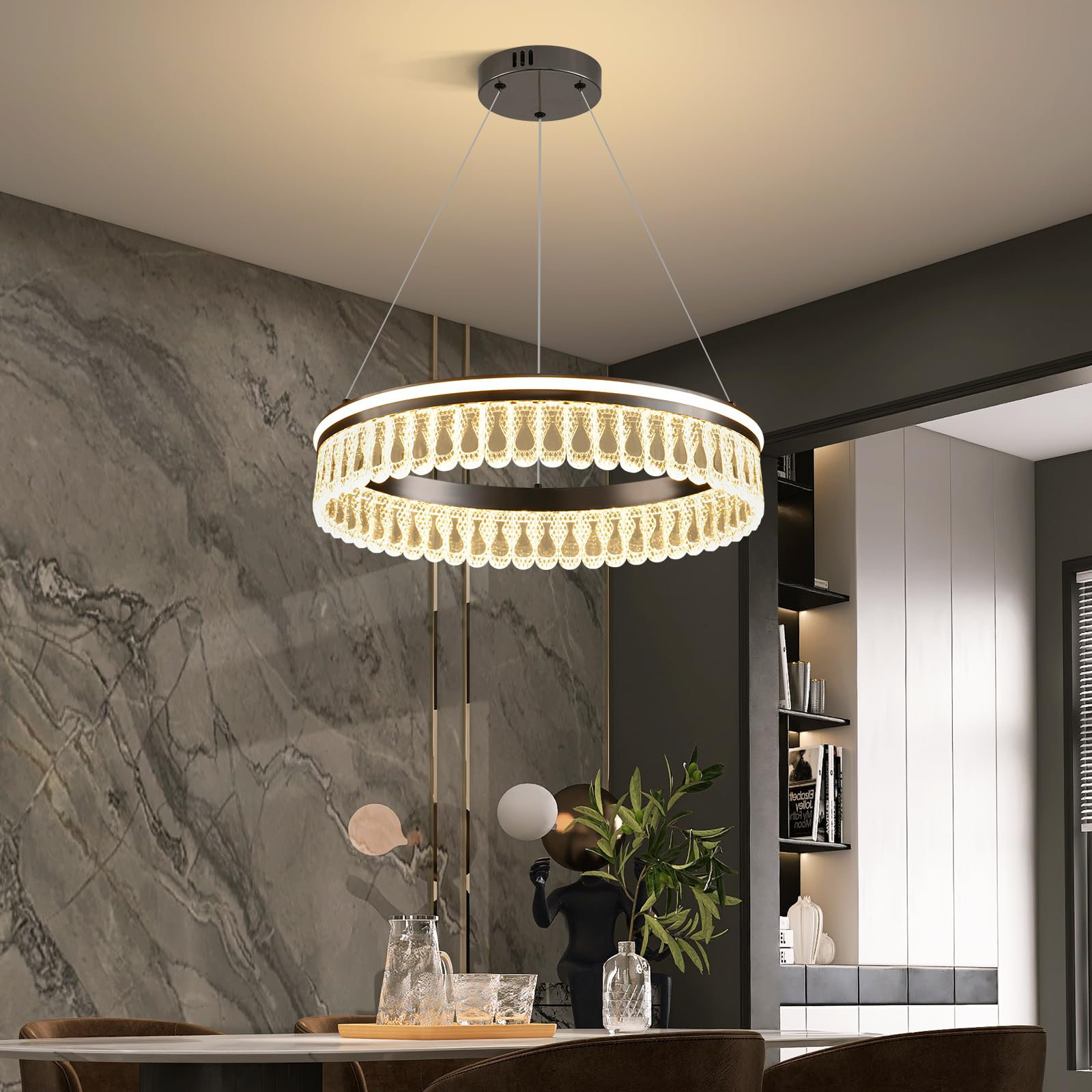 Mercer41 Modern Black 19.7" LED Dimmable Crystal Ring Chandelier With Remote For Bedroom, Dining ...